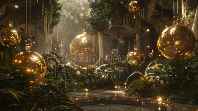 Enchanted Forest with Golden Orbs and Sparkling Lights Stock Photo ...