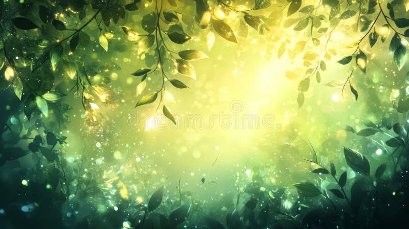 Enchanted Forest: Green and Yellow Leaves Glow with Magical Light Stock ...