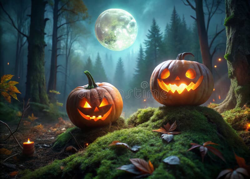Enchanted Forest Halloween Night JackoLanterns Glow Under a Full Moon a ...