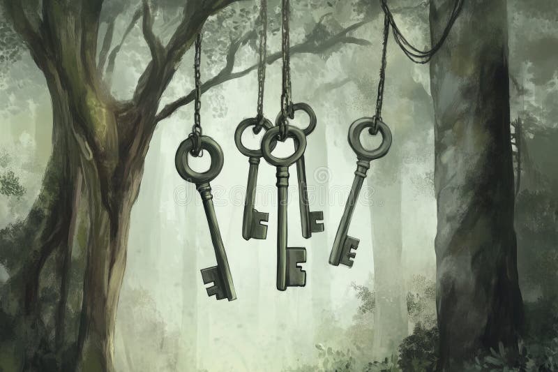 Enchanted Forest with Hanging Antique Keys on Tree Branch Stock Photo ...