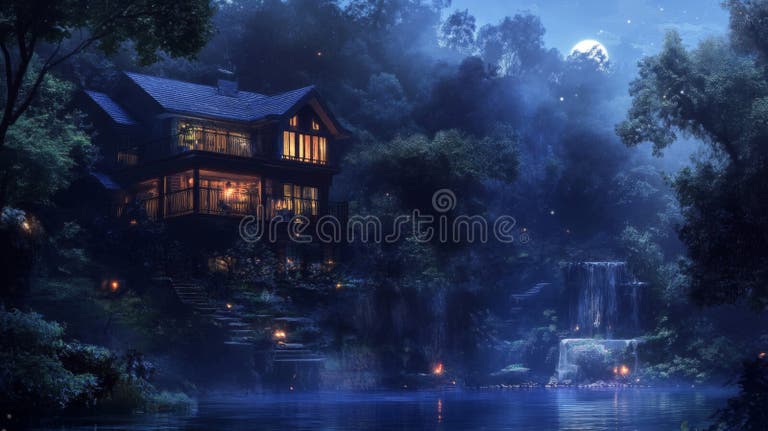 Enchanted Forest House at Night with Waterfall and Moonlit Glow Stock ...