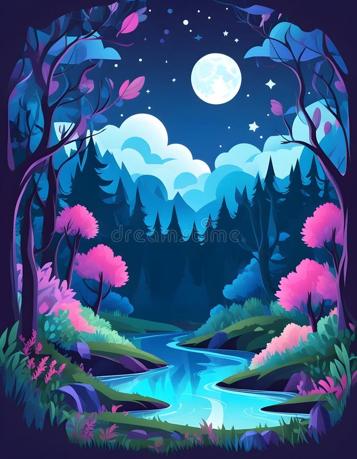 Enchanted Forest Illuminated by Glowing Moonlight in Dark Night Sky ...