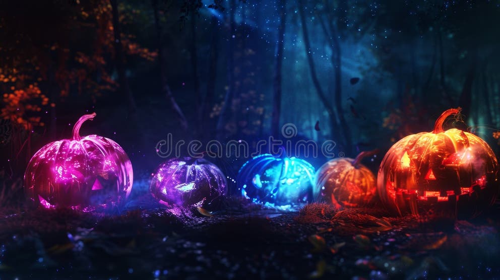 Enchanted Forest with Illuminated Halloween Pumpkins at Night Stock ...