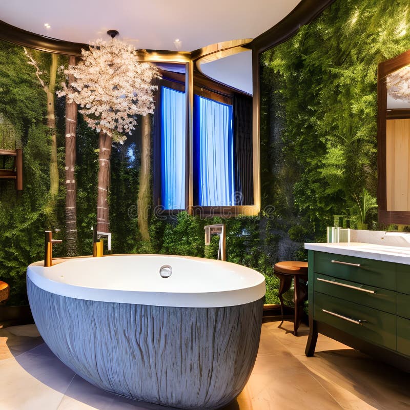 An Enchanted Forest-inspired Bathroom with Tree Trunk Sinks, Leafy ...