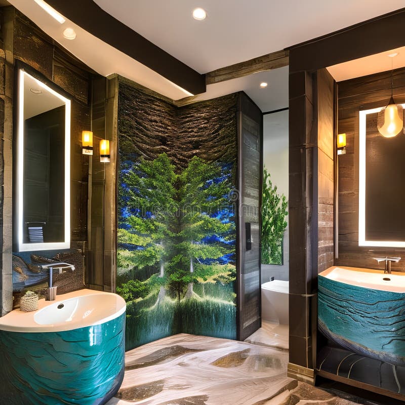 An Enchanted Forest-inspired Bathroom with Tree Trunk Sinks, Leafy ...