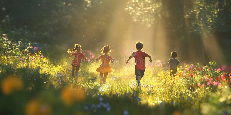 Enchanted Forest Kids Playing in Sunlight Background Wallpaper Stock ...