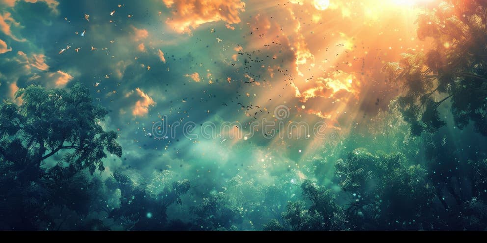 Enchanted Forest Landscape with Golden Light and Floating Particles ...