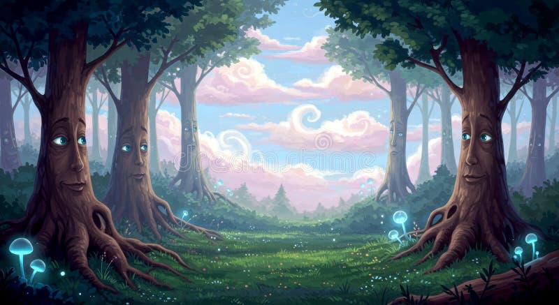 Enchanted Forest Landscape with Magical Anthropomorphic Trees. Stock ...