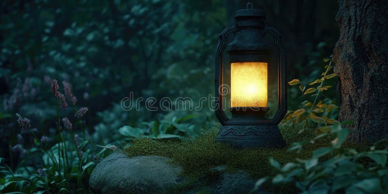 Enchanted Forest Lantern Dark Night Glowing Light Stock Illustration ...