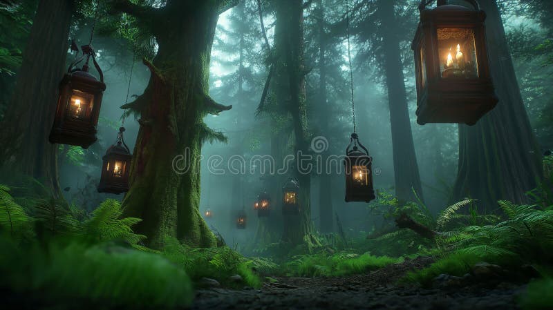 Enchanted Forest: a Lantern-Lit Path through the Misty Wilderness Stock ...