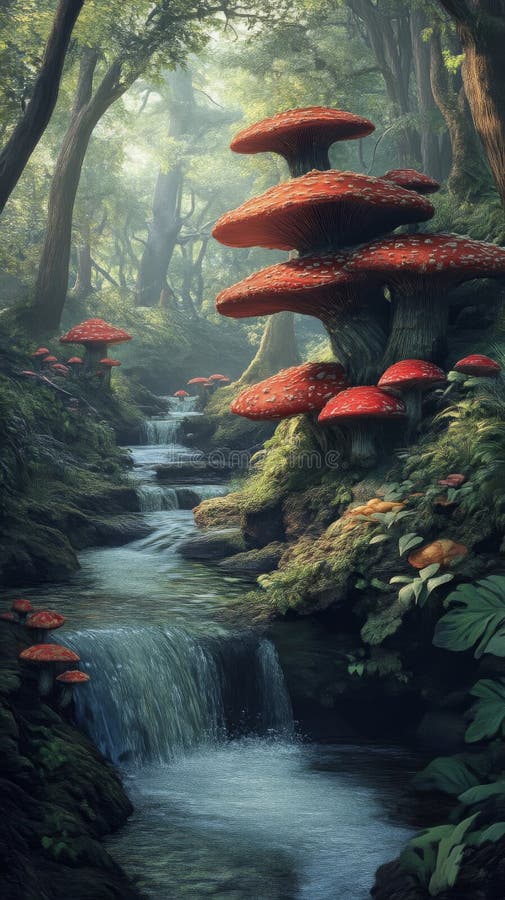 Enchanted Forest with Large Red Mushrooms and Stream Stock Image ...