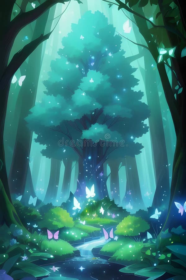 Enchanted Forest with Luminescent Trees and Magical Creatures Stock ...