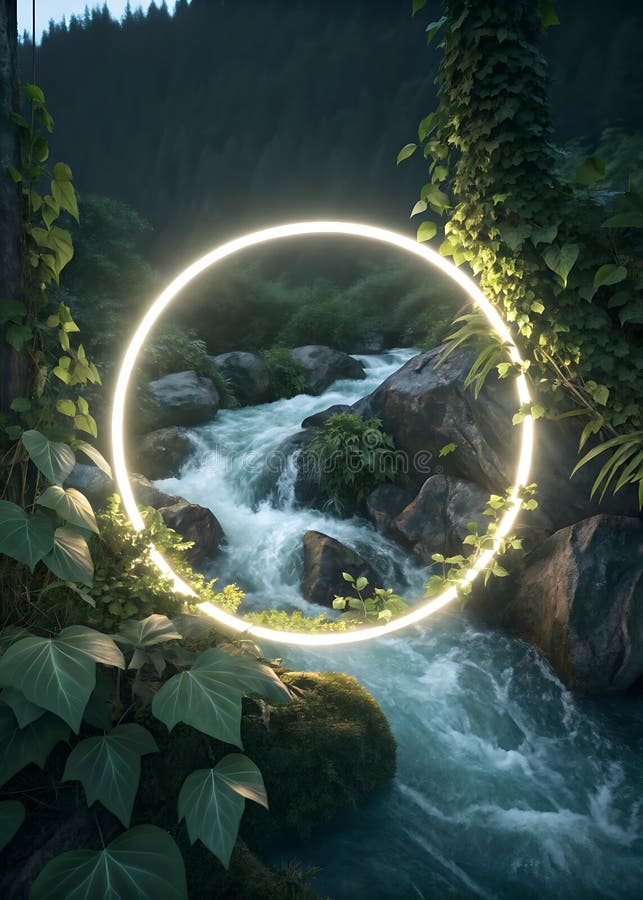 Enchanted Forest with Luminous Circle and Flowing River for Nature ...