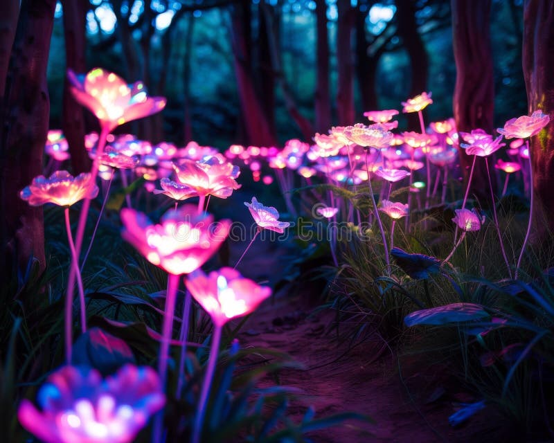 An Enchanted Forest with Luminous Flowers Stock Illustration ...