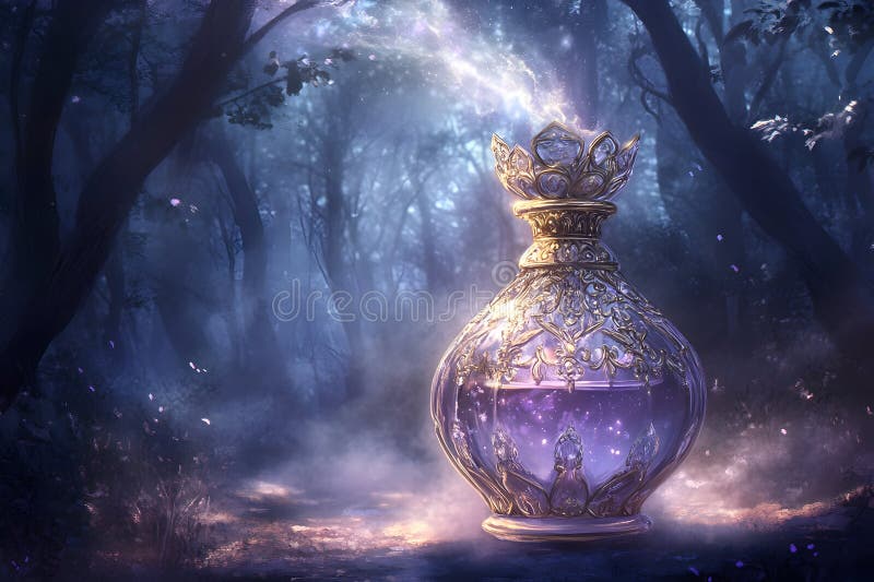 Enchanted Forest with Luminous Potion Bottle Emitting Magical Light ...