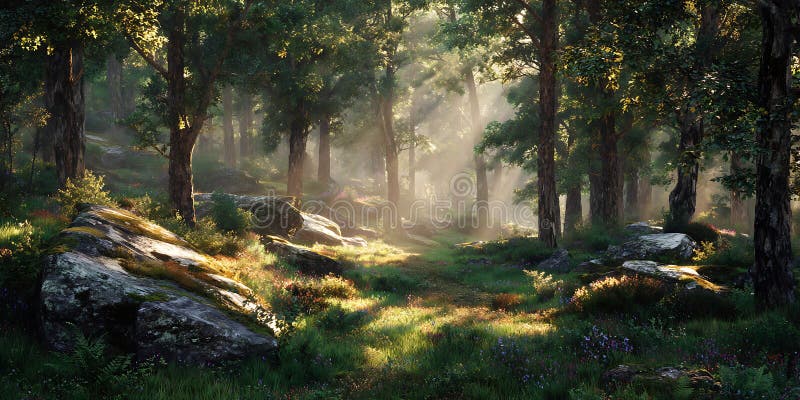 Enchanted Forest Lush Greenery Sunlit Path Nature Photography Stock Illustration - Illustration ...