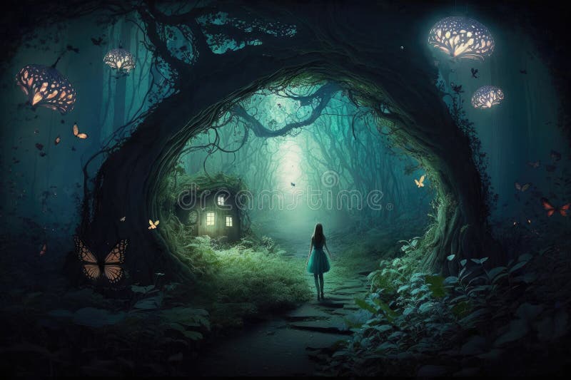 Enchanted Forest, with Magic and Fairies in the Air Stock Illustration ...