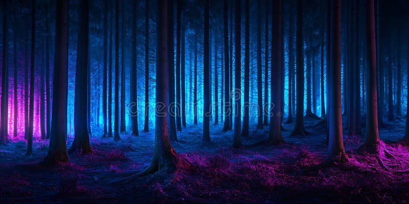 Enchanted Forest Magical Blue and Purple Night Scene Wallpaper Stock ...