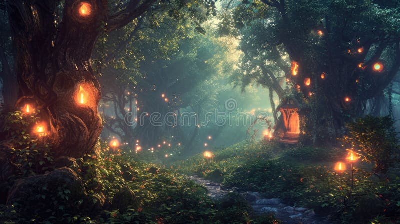 An Enchanted Forest with Magical Creatures. Resplendent. Stock Photo ...