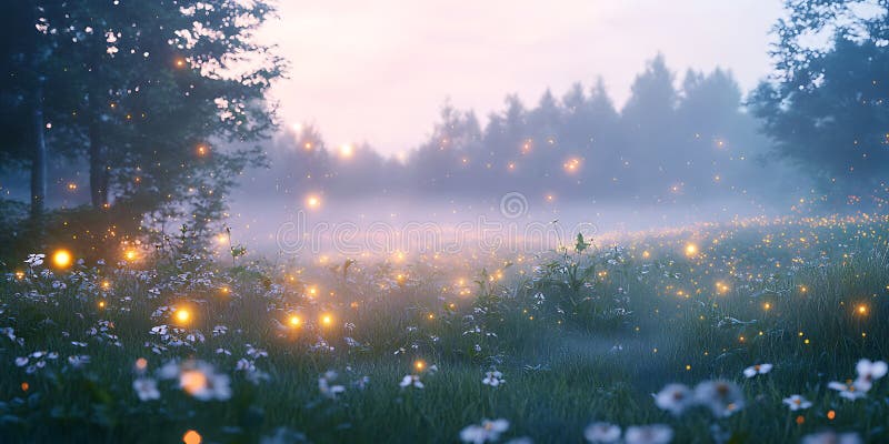 Enchanted Forest Magical Firefly Field at Dawn Stock Illustration ...