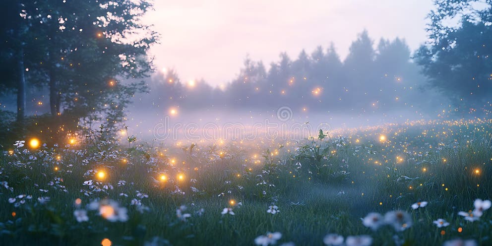 Enchanted Forest Magical Firefly Field at Dawn Stock Illustration - Illustration of lights ...
