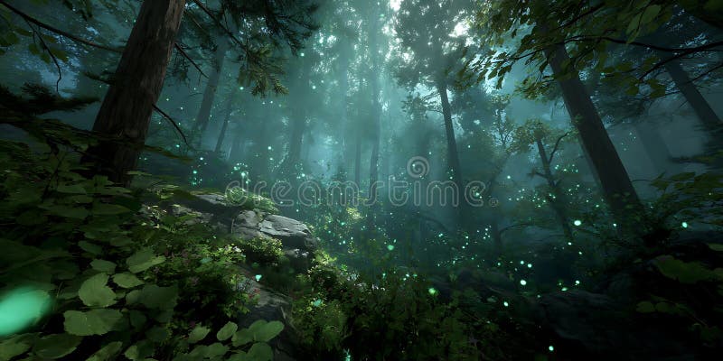 Enchanted Forest Magical Firefly Night Scene Stock Illustration ...