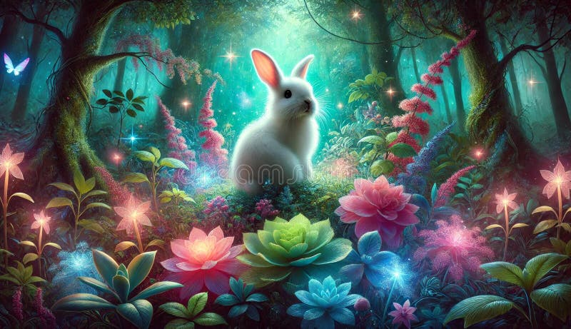 Magical Enchanted Forest with Rabbit Stock Illustration - Illustration ...