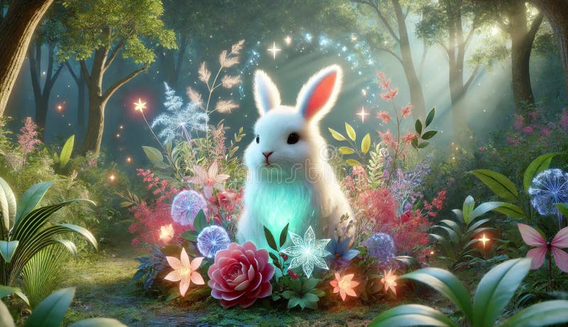 Magical Enchanted Forest with Rabbit Stock Illustration - Illustration ...