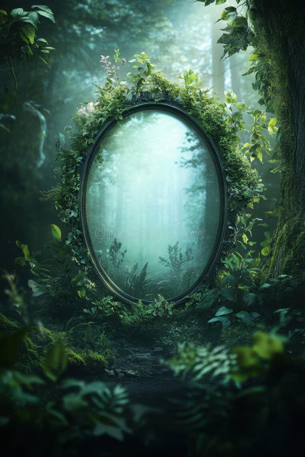 Enchanted Forest Mirror Portal Surrounded by Lush Greenery and Mystical Light. Stock Image ...
