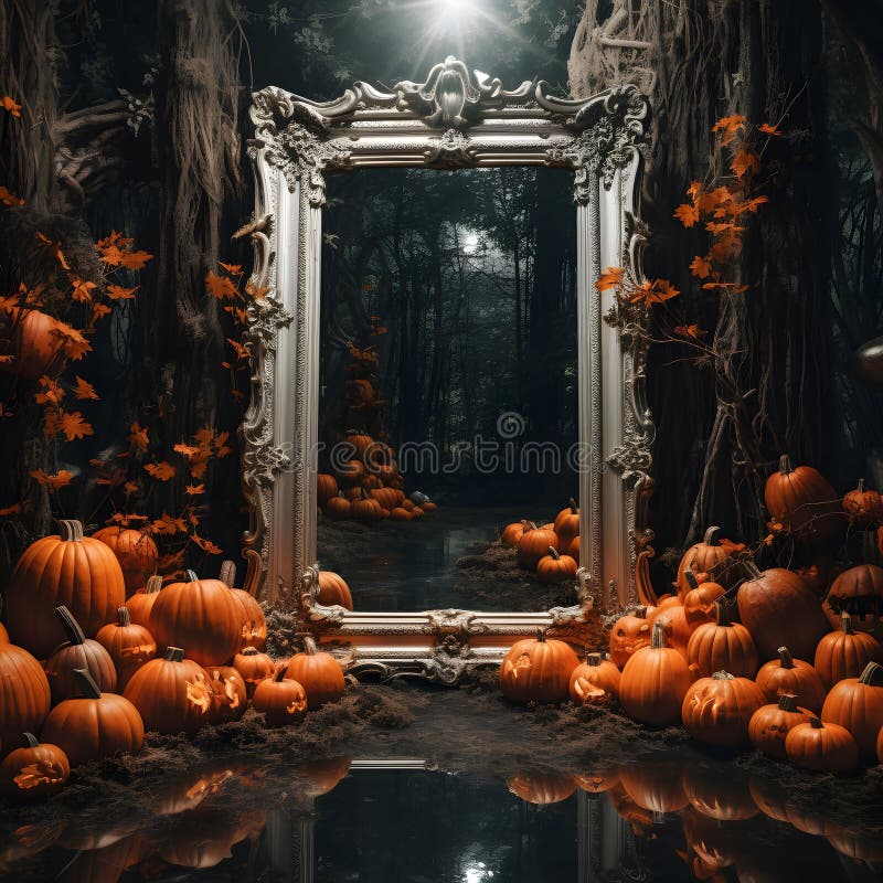 Enchanted Forest Mirror with Pumpkins Stock Illustration - Illustration ...