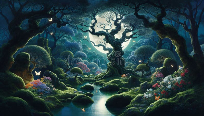Enchanted Forest with Moonlight and Butterflies Stock Illustration ...