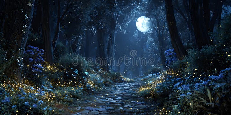 Enchanted Forest Moonlight Path Glowing Flora Stock Illustration ...