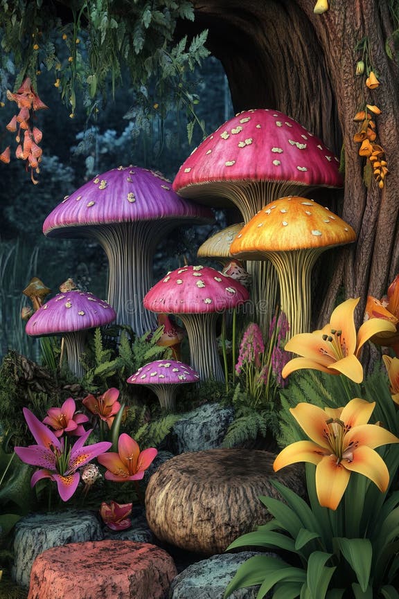 Enchanted Forest Mushroom Scene Stock Illustration - Illustration of ...