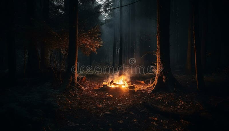 Enchanted Forest Night: a Campfire S Warm Glow Stock Illustration ...