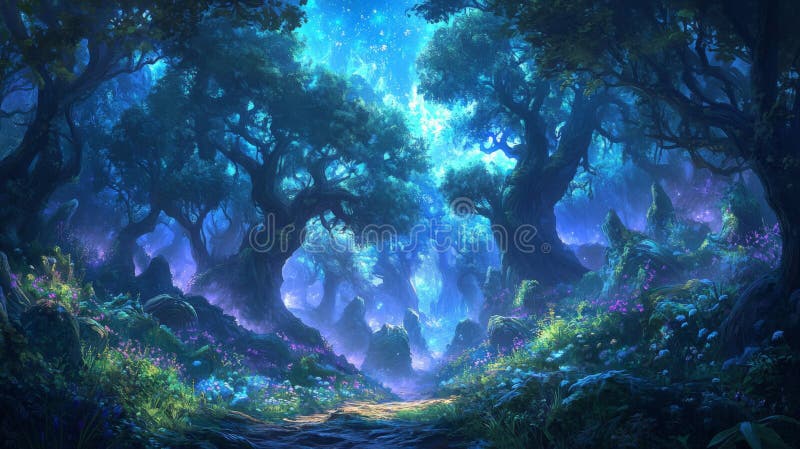 Enchanted Forest at Night with Glowing Blue and Purple Hues Stock Illustration - Illustration of ...