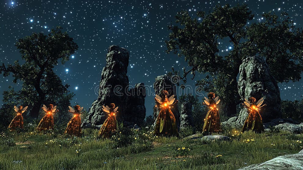 Enchanted Forest at Night with Glowing Fairy Figures Stock Illustration ...