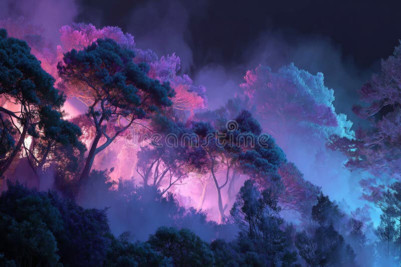 Enchanted Forest at Night with Glowing Pink and Purple Trees Stock ...