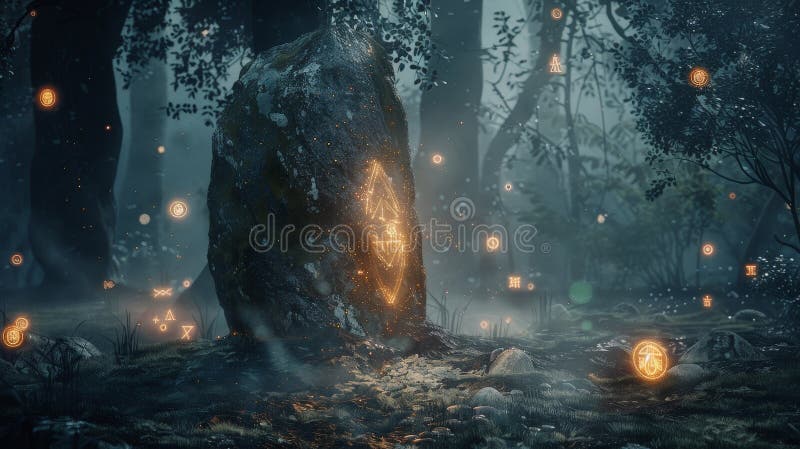 Enchanted Forest at Night with Glowing Runes on Ancient Stone Stock ...