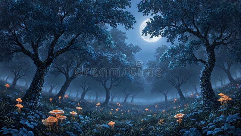 Enchanted Forest at Night with Glowing Trees Mushrooms and Mist Stock ...