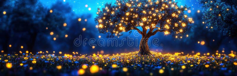 Enchanted Forest at Night: Illuminated Tree and Luminescent Flowers in ...