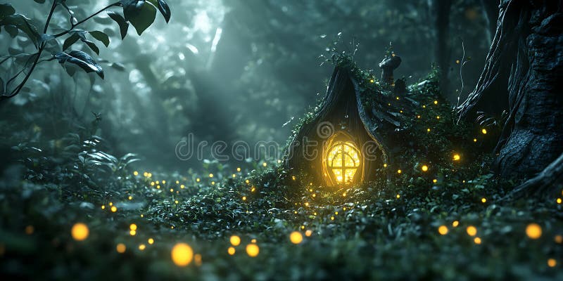 Enchanted Forest Night Magical Firefly Scene Stock Illustration ...