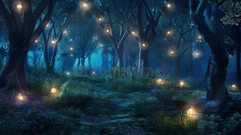 Enchanted Forest at Night stock illustration. Illustration of fairy ...