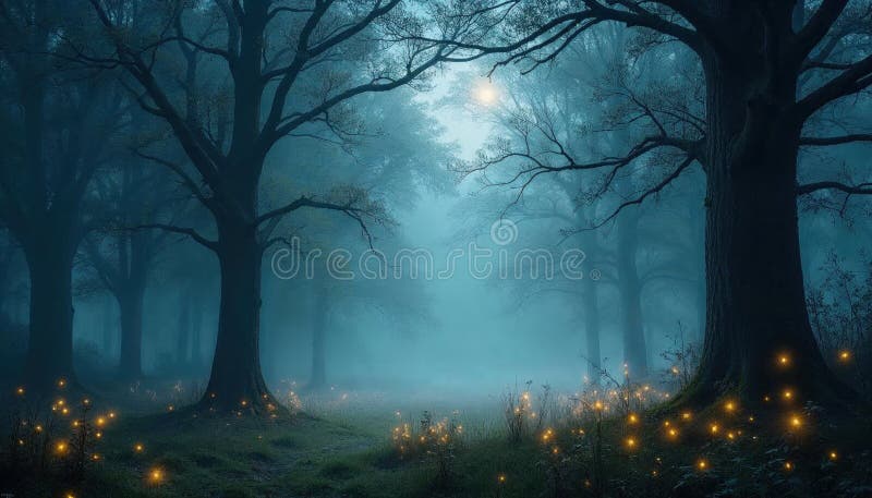 Enchanted Forest at Night: Mystical Moonlight and Fireflies Stock Image ...