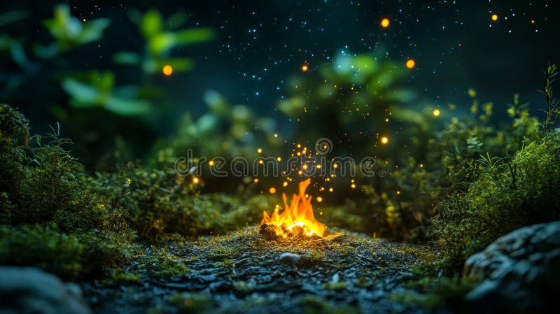 Enchanted Forest Night Scene with Glowing Fire Stock Illustration ...