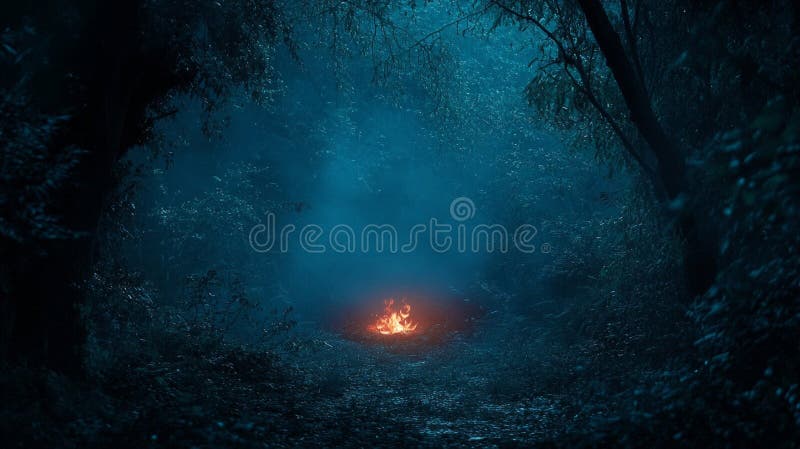 Enchanted Forest Night Scene with Glowing Fire Stock Illustration ...