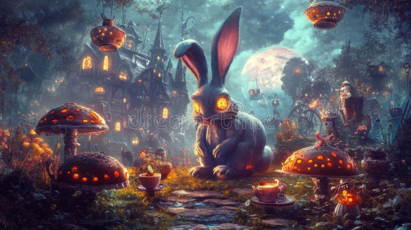 Enchanted Forest Night Scene with Glowing Rabbit Stock Illustration ...