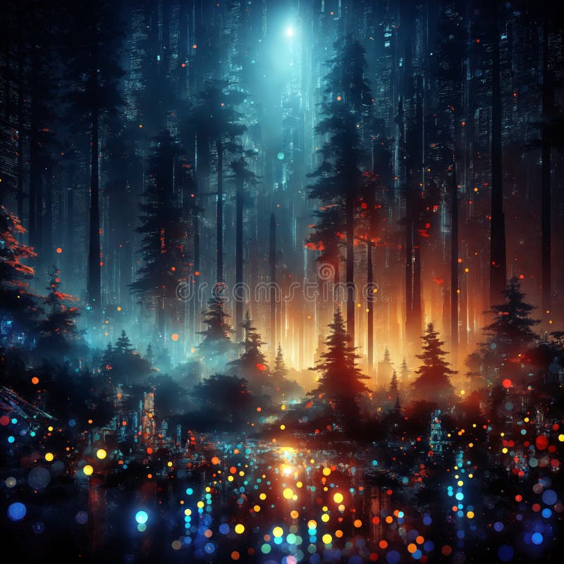 Enchanted Forest: Night Scene with Glowing Trees and Flowers ...