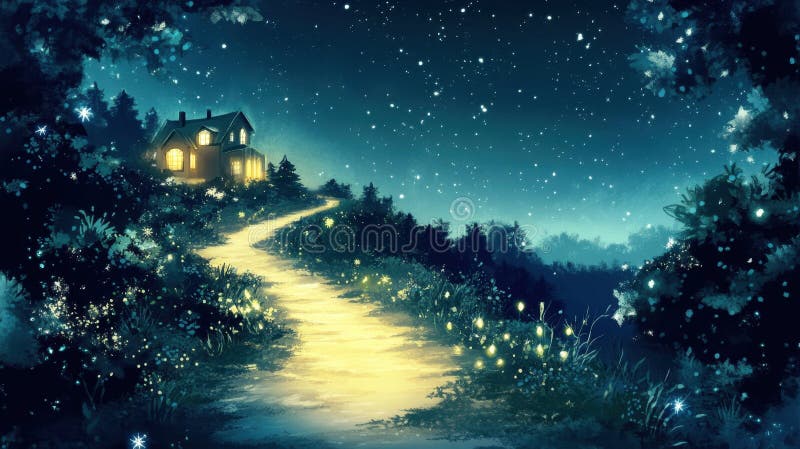 Enchanted Forest Night Scene with Illuminated Pathway and Starry Sky ...