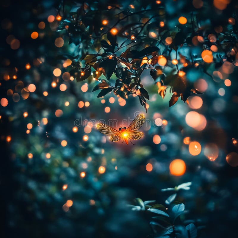 The Enchanted Forest Night Scene Includes a Luminous Firefly Insect ...