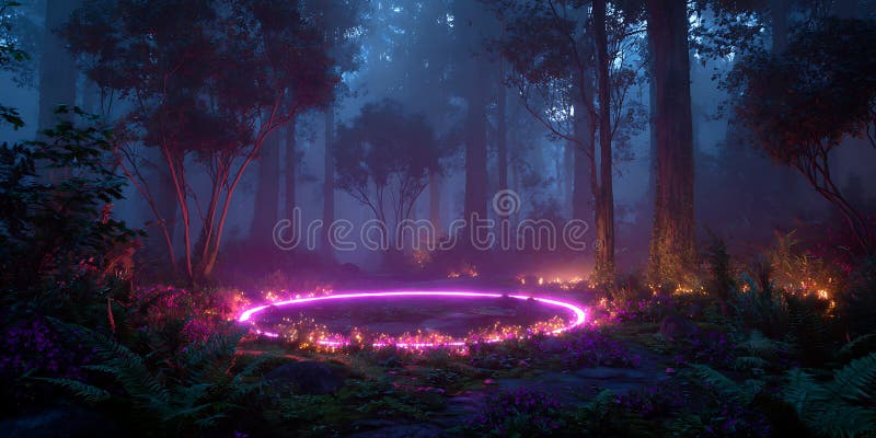 Enchanted Forest Night Scene with Magical Ring of Light Stock ...